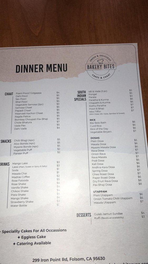 Menu at Bakery Bites, Folsom