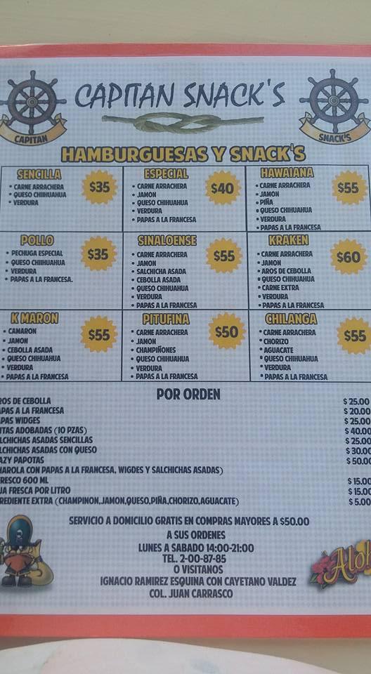 Menu at Capitan Snack's restaurant, Mazatlán