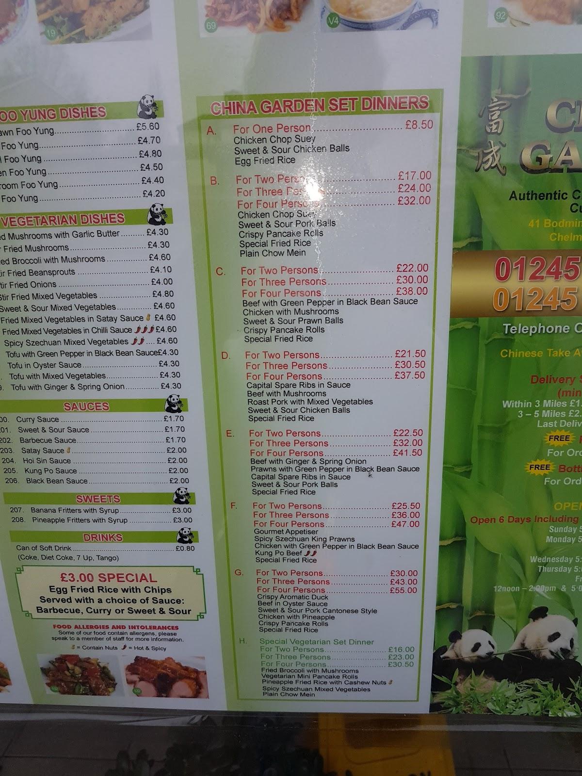 Menu at China Garden fast food, Chelmsford