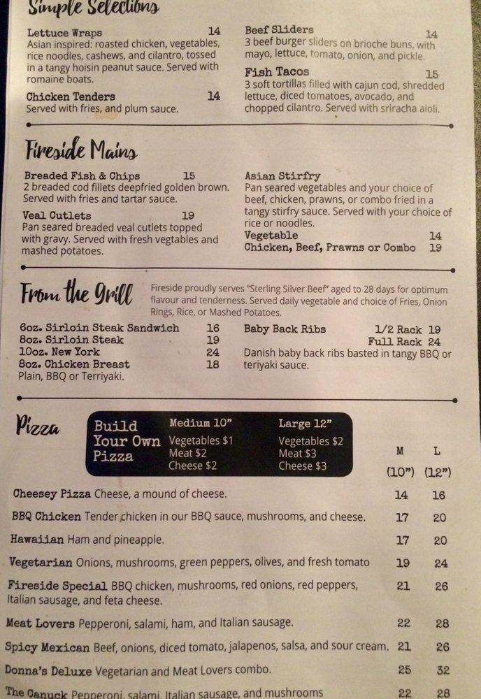 Menu at Fireside pub & bar, Sylvan Lake