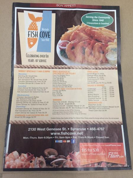 Menu at Fish Cove restaurant, Syracuse, Genesee St