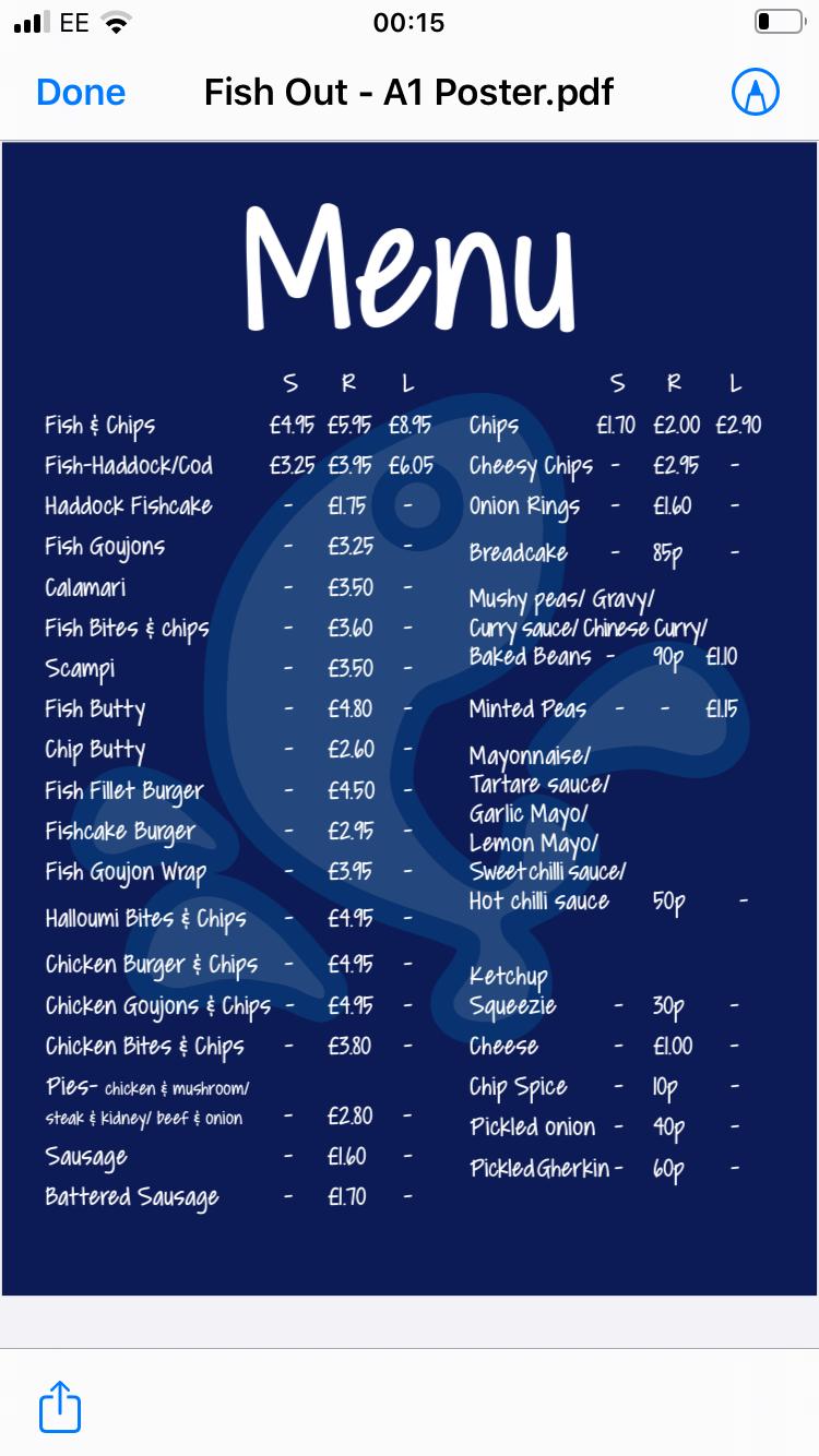 Menu at Fish Out fast food, Leeds, 27 Wellington St
