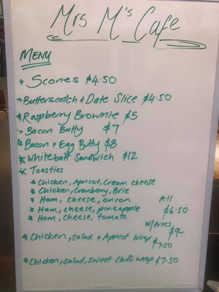 Menu at Mrs M's cafe, Timaru