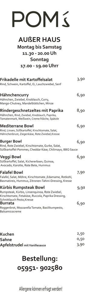 Menu at POMś restaurant, Werlte