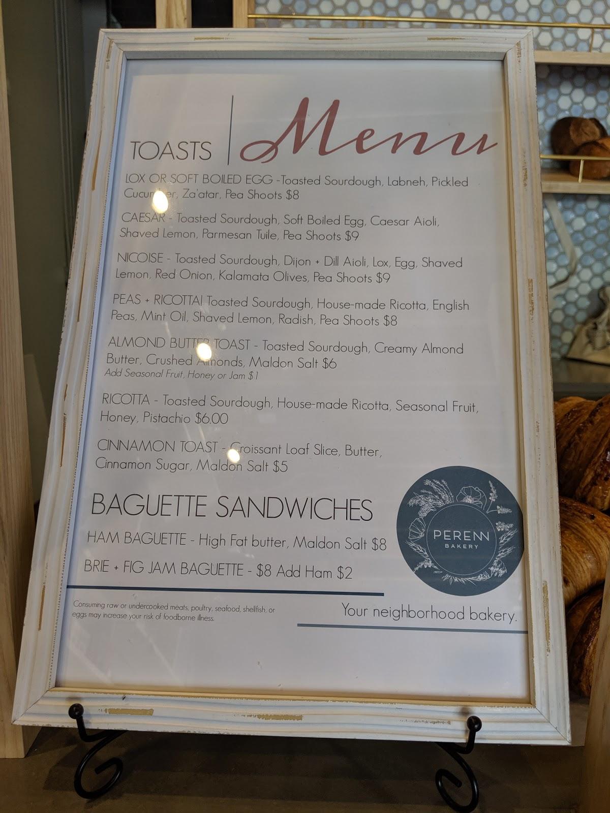 Menu at Perenn Midtown cafe, Reno