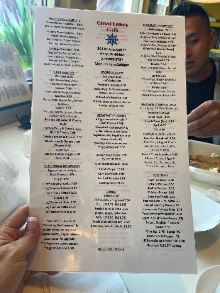 Menu at Great Lakes Cafe, Gary
