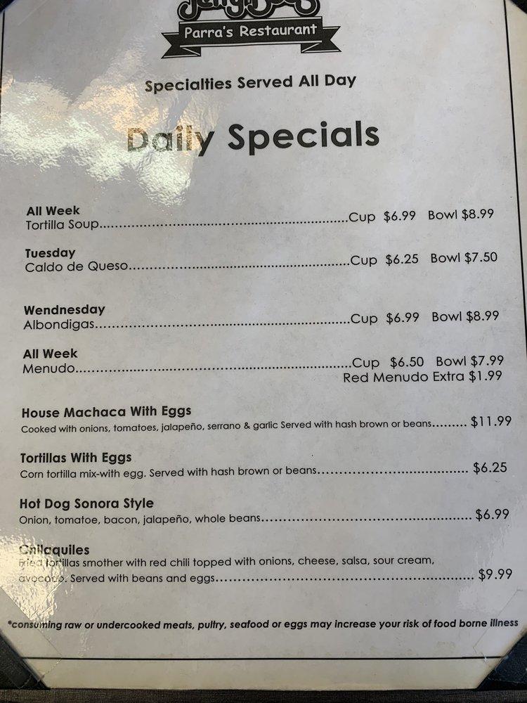 Menu at Jerry Bob's Restaurant, Tucson, E Valencia Rd