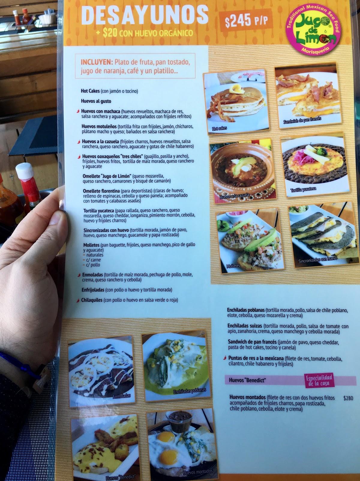 Menu at Jugo de Limón restaurant, Cancún