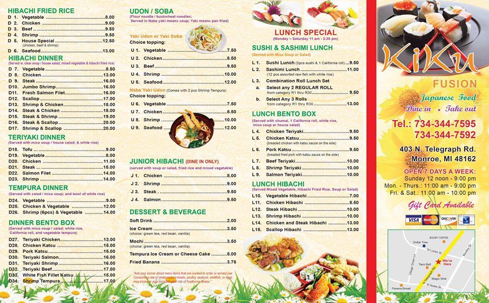 Menu at Kiku Fusion Sushi & Hibachi restaurant, Monroe