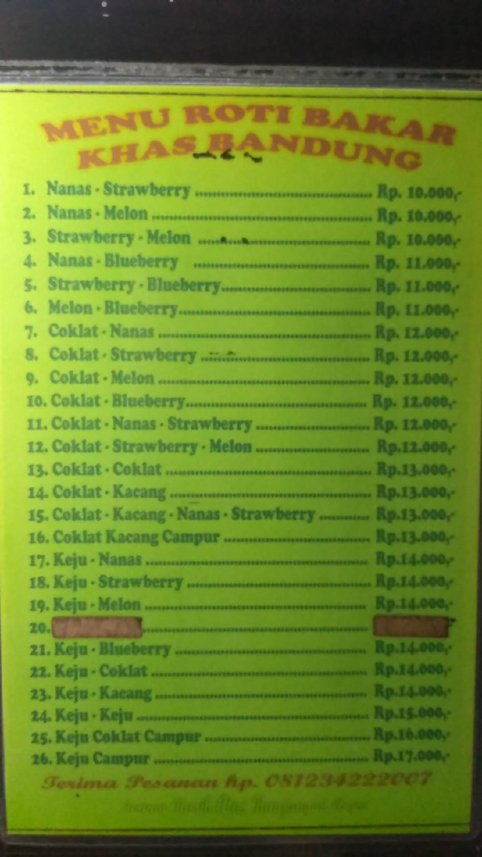 Menu at Roti Bakar Sari Khas Bandung, Ponorogo