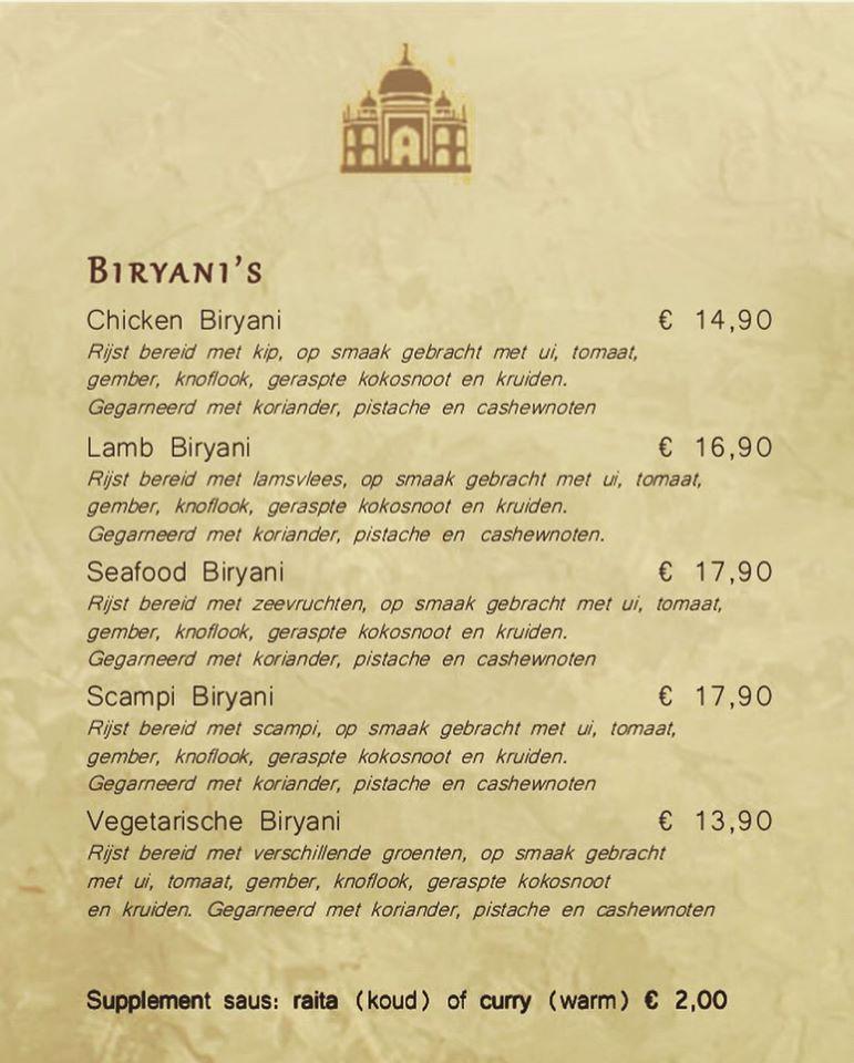Menu at Royal India, Sint-Truiden