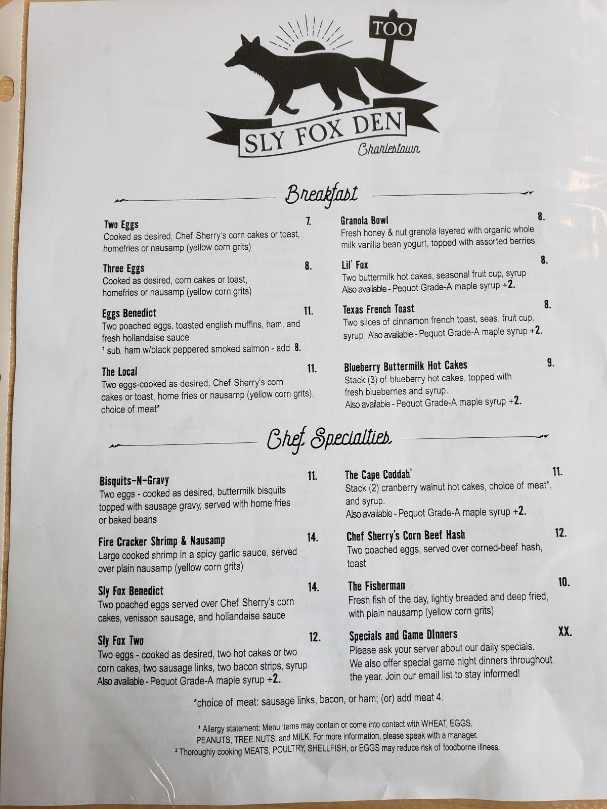 Menu at Sly Fox Den Too Charlestown restaurant, Charlestown