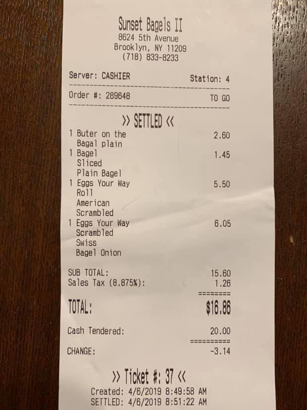 Menu at Sunset Bagels restaurant, New York City, 8624 5th Ave