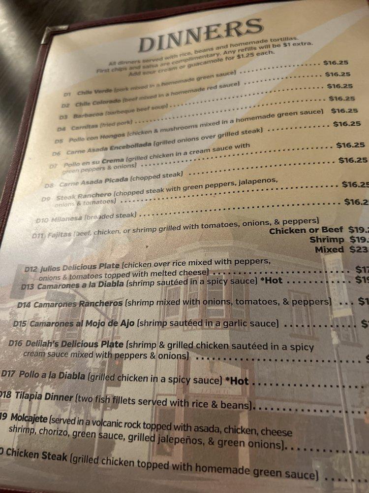 Menu at Trevino's restaurant, Merced