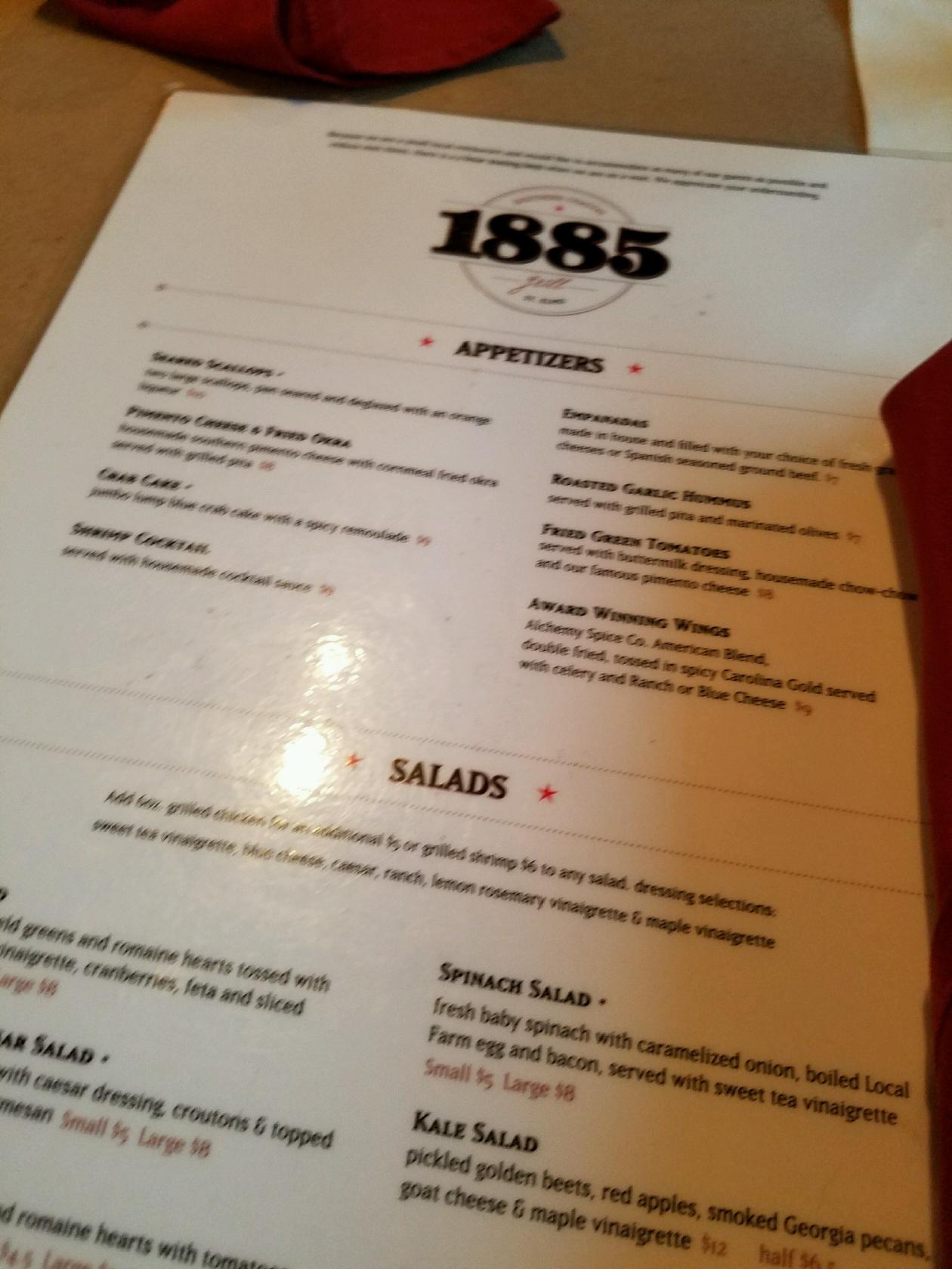 Menu at 1885 Grill restaurant, Chattanooga, St Elmo Ave