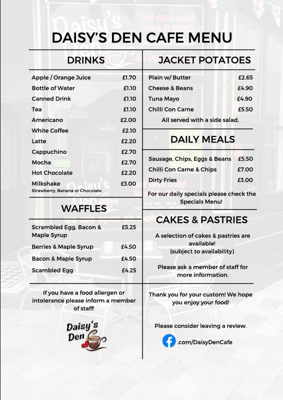 Menu at Daisy's Den Cafe, Wolverhampton