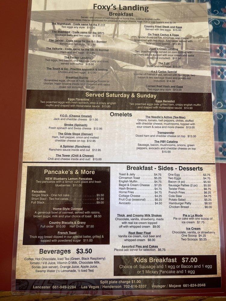 Menu at Foxy's Landing & Restaurant, Lancaster