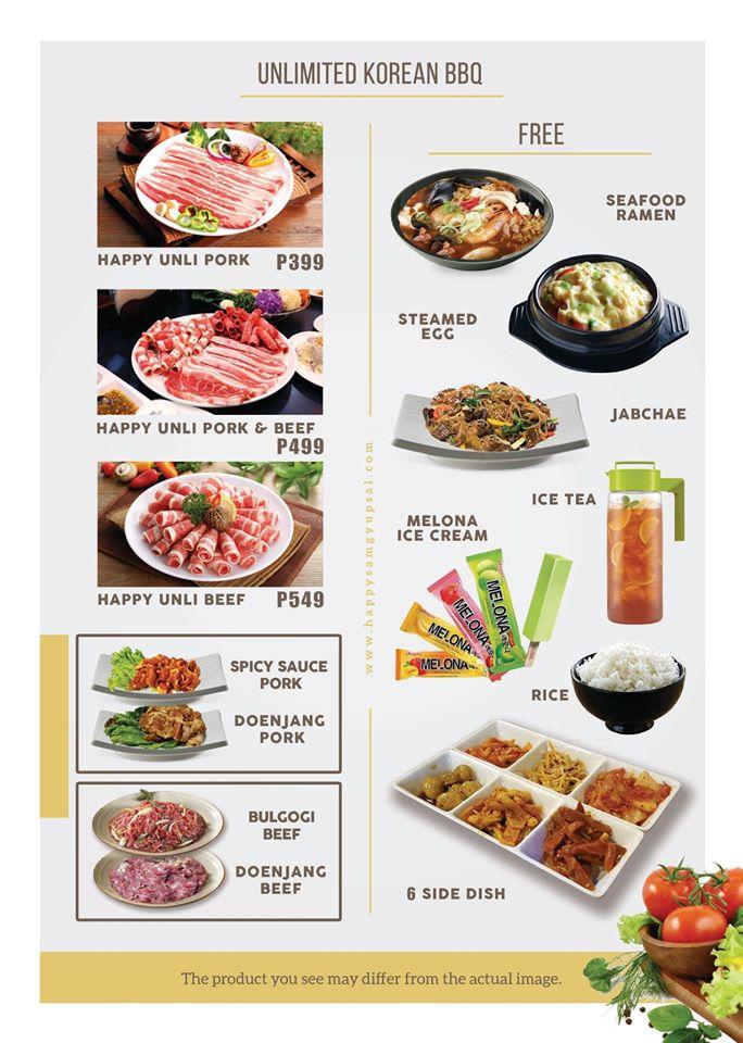 Menu at Happy Samgyupsal Leon Guinto Branch restaurant, Manila