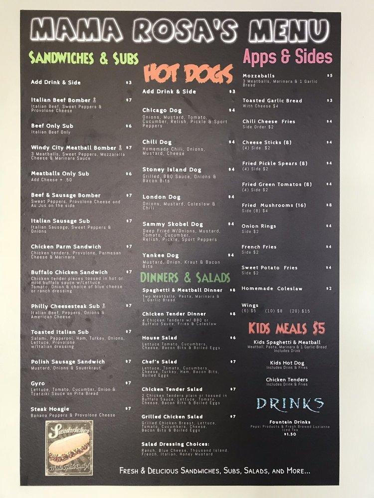 Menu at Mama Rosa's Chicago Sandwich restaurant, London