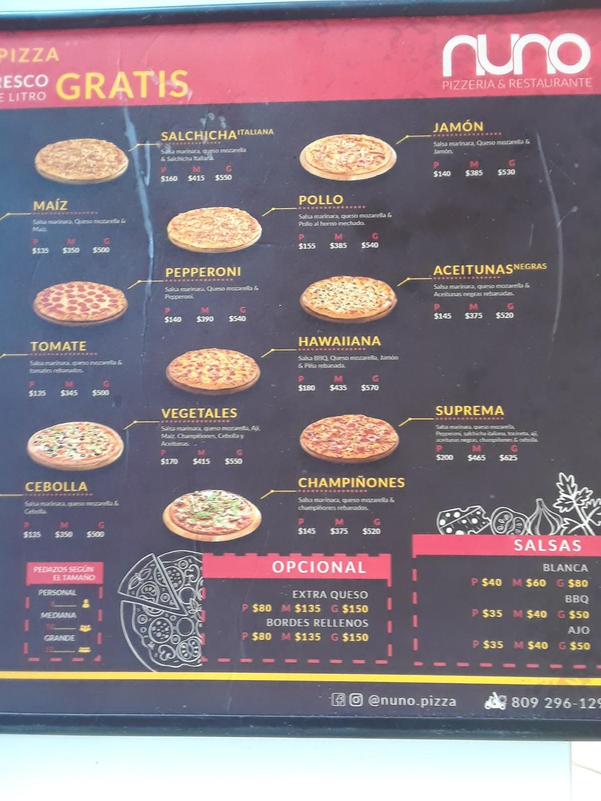 Carta del restaurante Nuno Pizza, Bonao, Calle Duarte