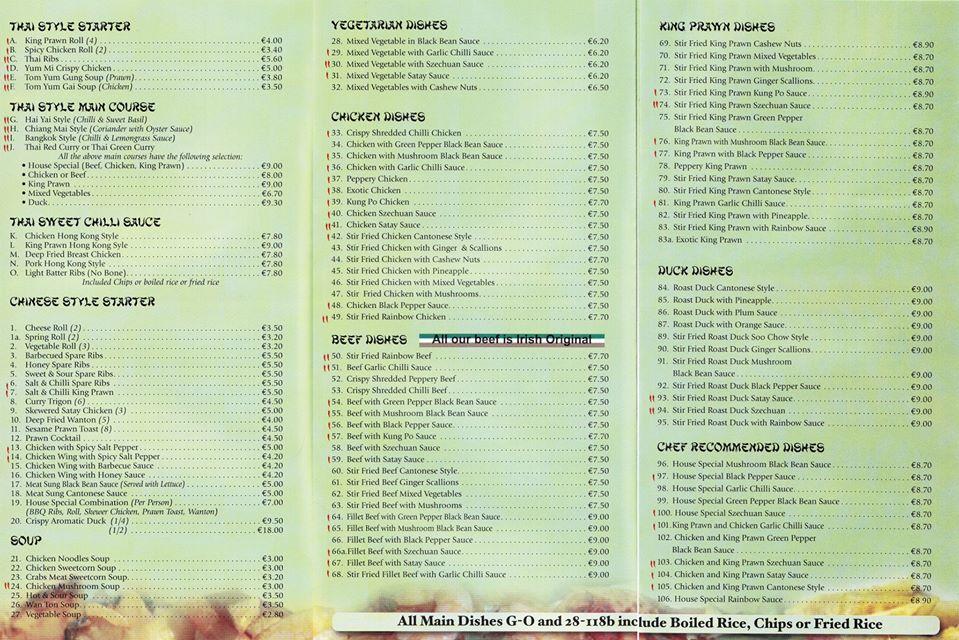 Menu at River Palace restaurant, Ireland