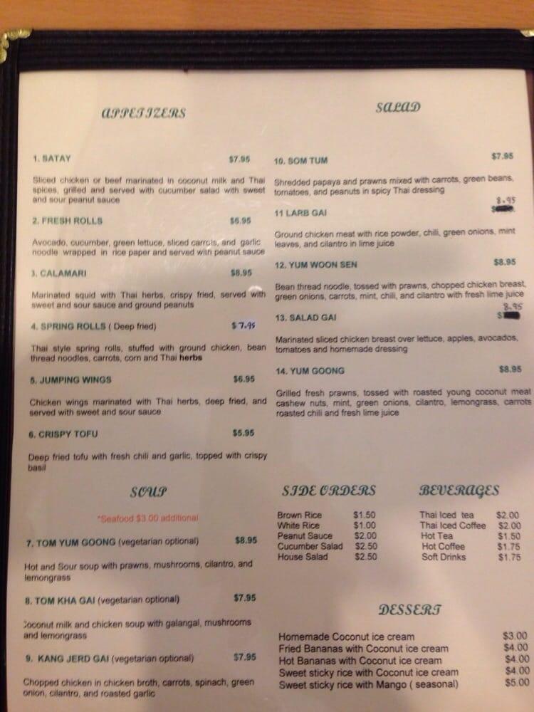 Menu at Thai Jasmine restaurant, Tracy