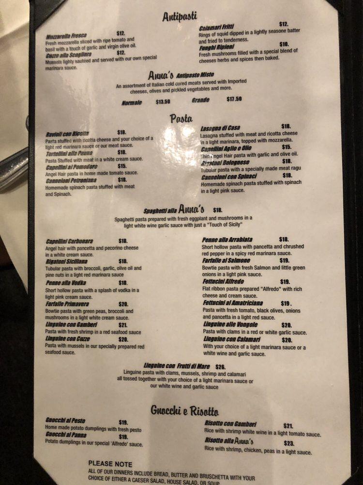 Menu at Anna's Trattoria Italian restaurant, Daytona Beach
