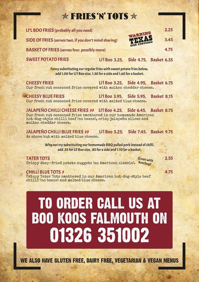 Menu at Boo Koos- Burgers-Shakes-Tex Mex restaurant, Falmouth