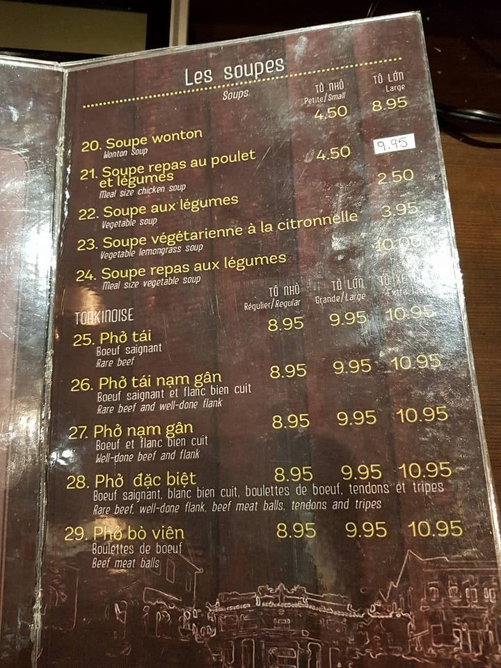 Menu at Le Petit Saigon restaurant, Brossard