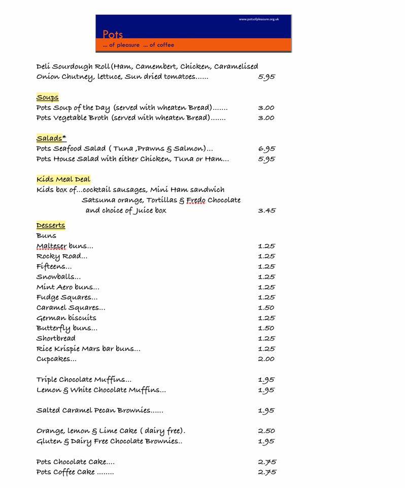 Menu at Pots Of Pleasure cafe, Ballyclare