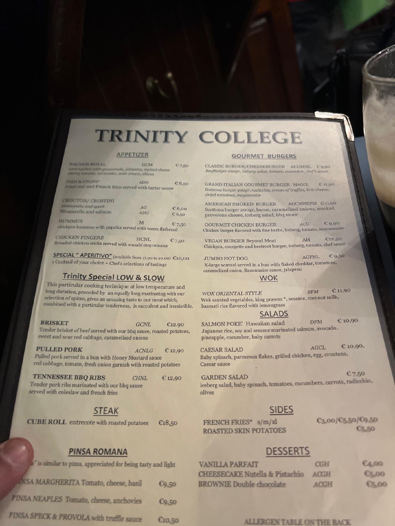 Menu da Trinity College Pub, Roma