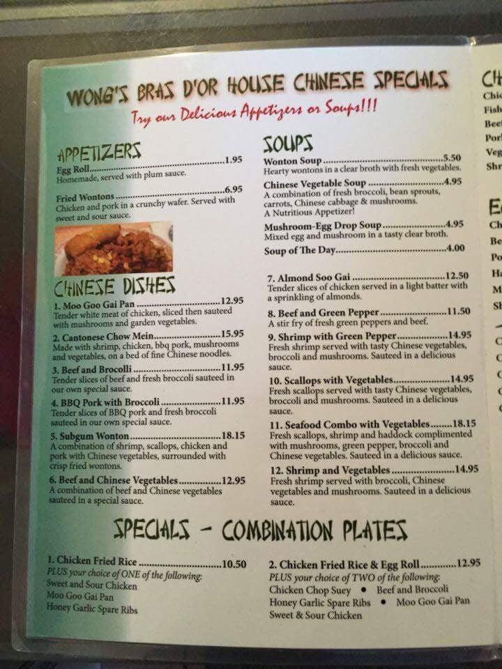 Menu at Wong's Restaurant, Baddeck