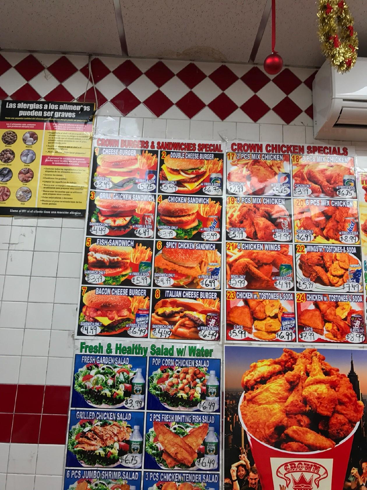 Menu at Crown Fried Chicken fast food, New York City, 3351 Broadway
