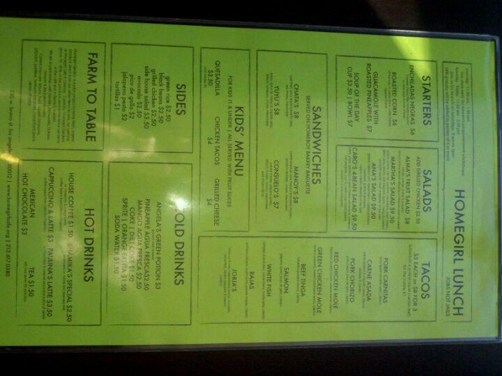 Menu at Homegirl Café cafe, Los Angeles, 130 Bruno St
