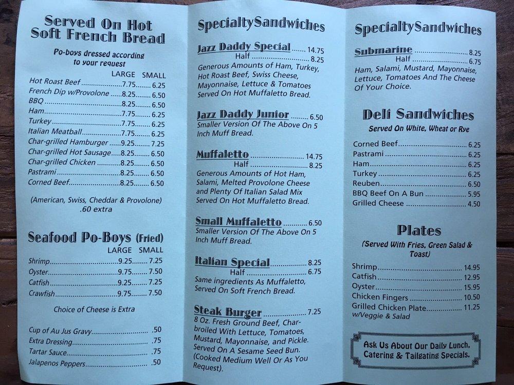 Menu at Jazz Daddy's Poboys restaurant, Baton Rouge