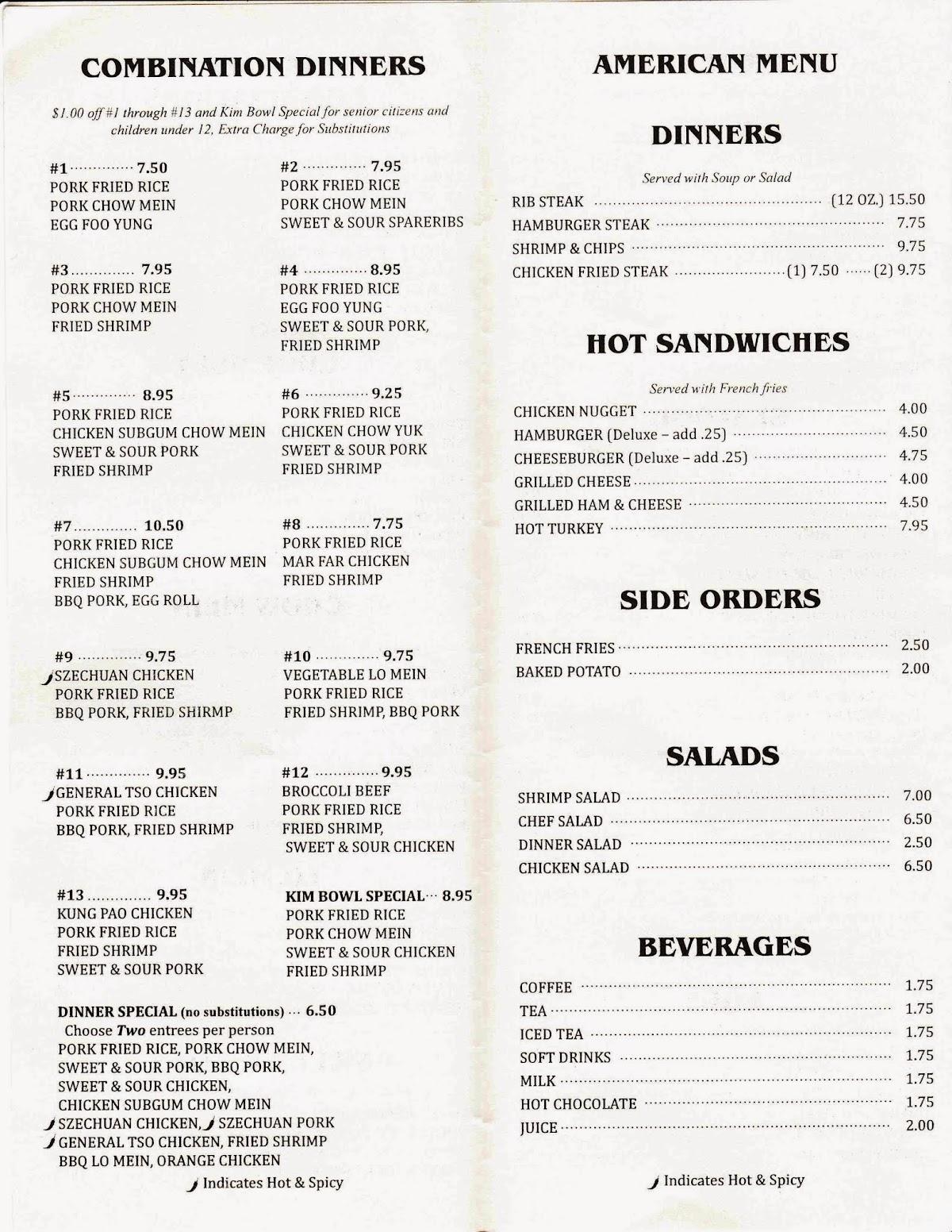 Menu at Kim Bowl Restaurant & Lounge, Longview