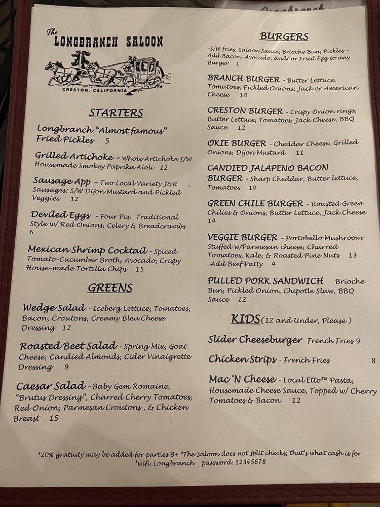 Menu at Longbranch Saloon pub & bar, Creston