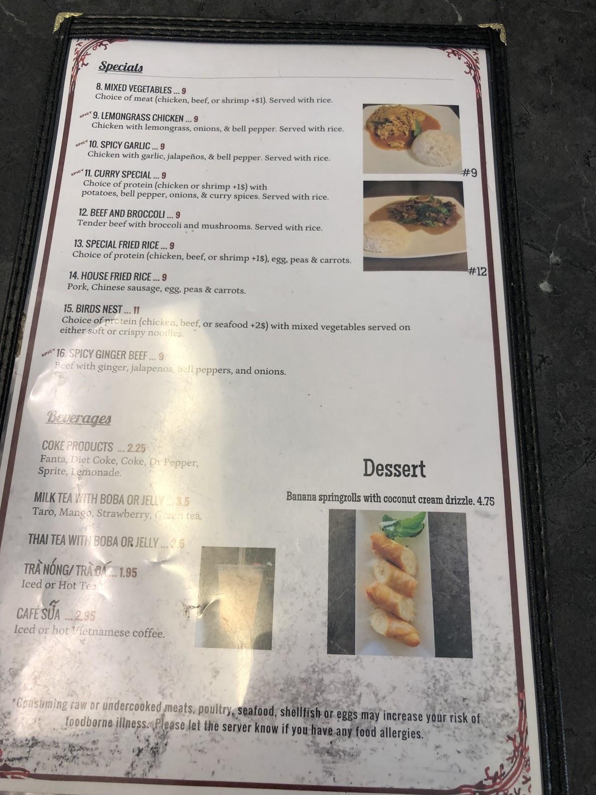 Menu at Pho Cao restaurant, Wichita