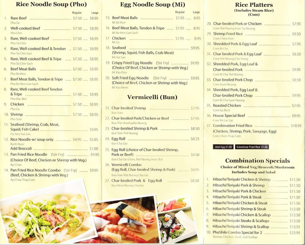 Menu at Phở Shiki restaurant, Columbus