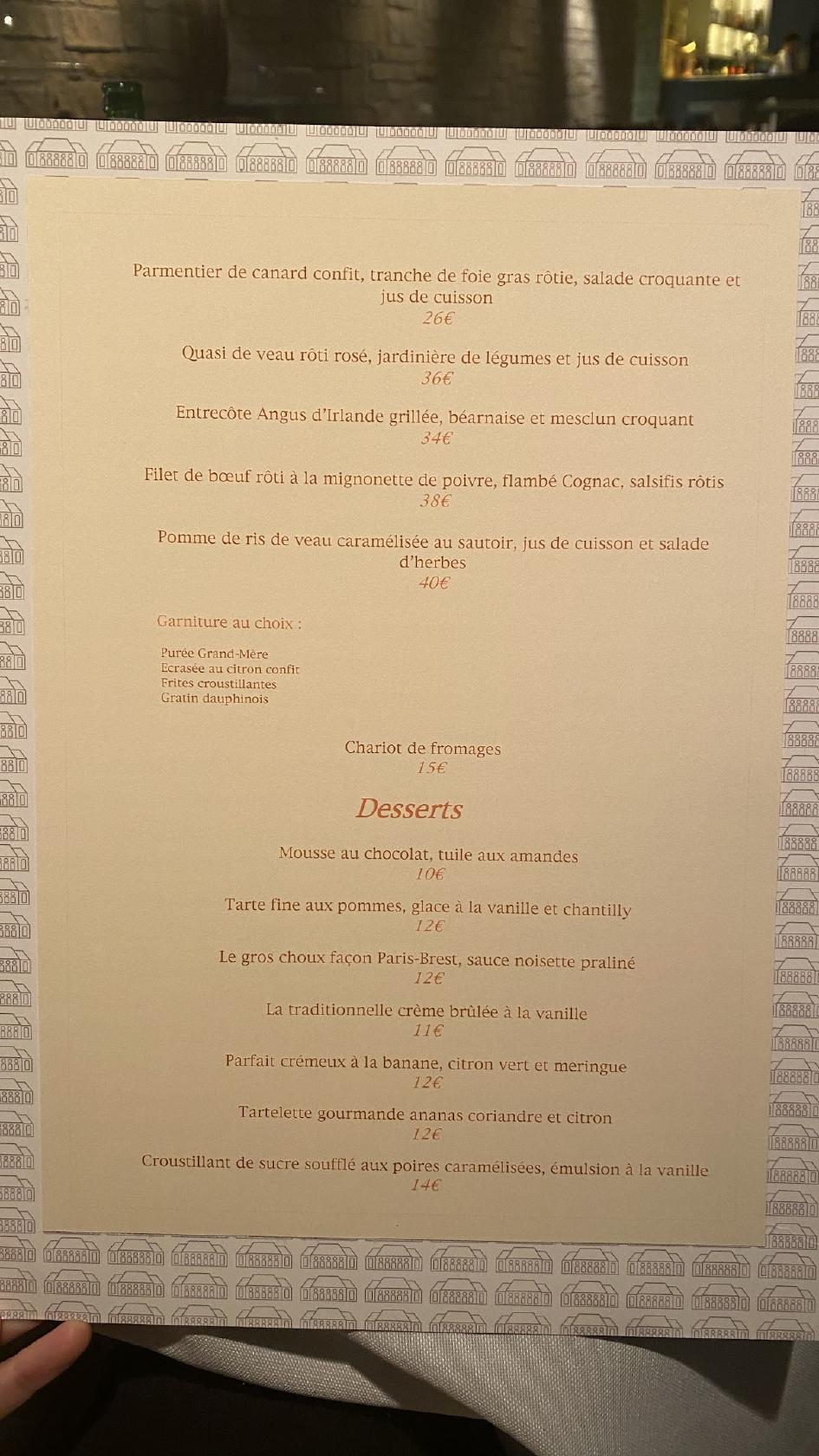 Menu at Restaurant Schéiss, Luxembourg City, 142 Val Ste. Croix