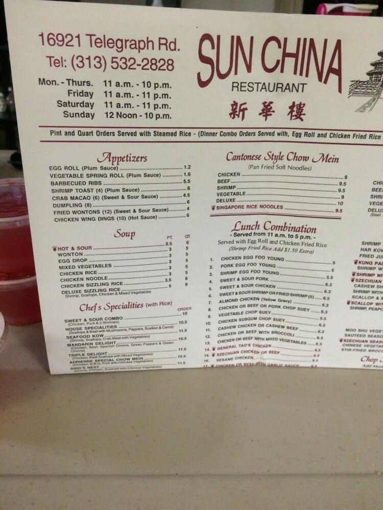 Menu at Sun China restaurant, Detroit