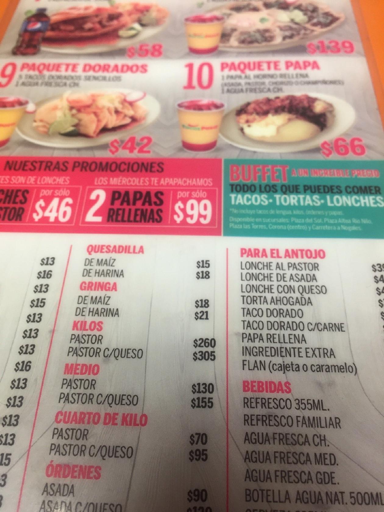 Menu at Tacos Paza restaurant, Guadalajara, Av 8 de Julio 1896