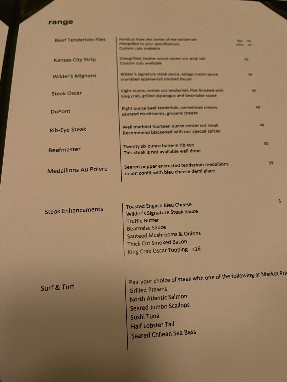 Menu at Wilder's Steakhouse, Joplin