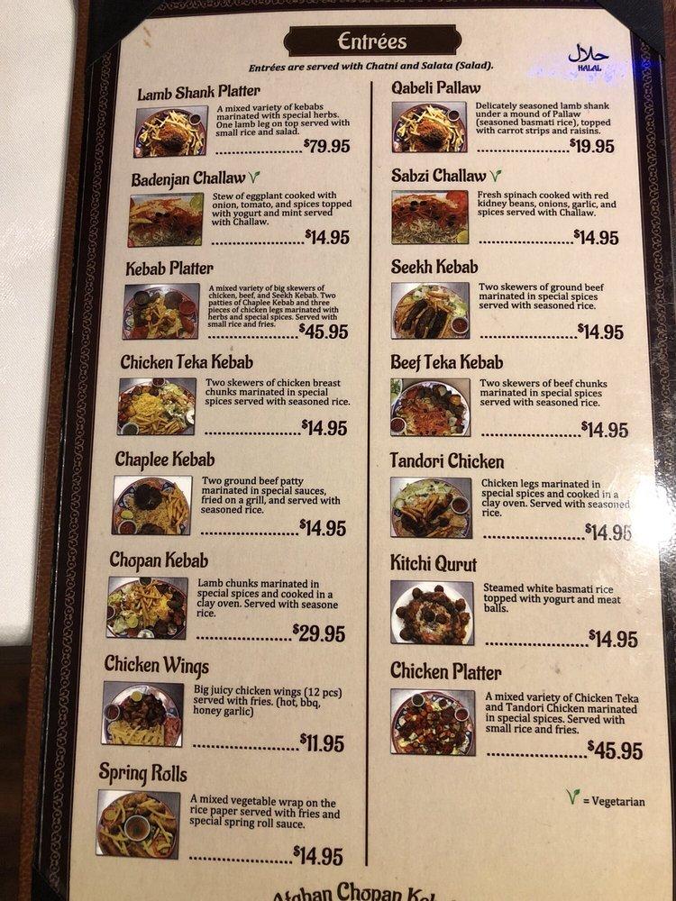 Menu at Afghan Chopan Kebab restaurant, Edmonton