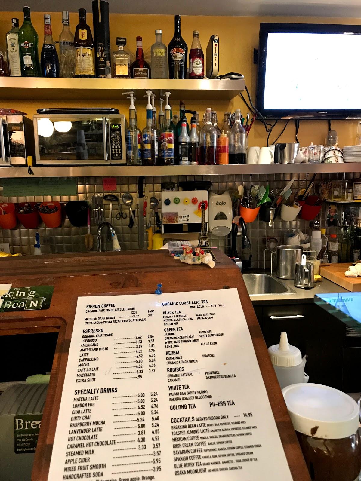 Menu at Breaking Bean cafe, Vancouver