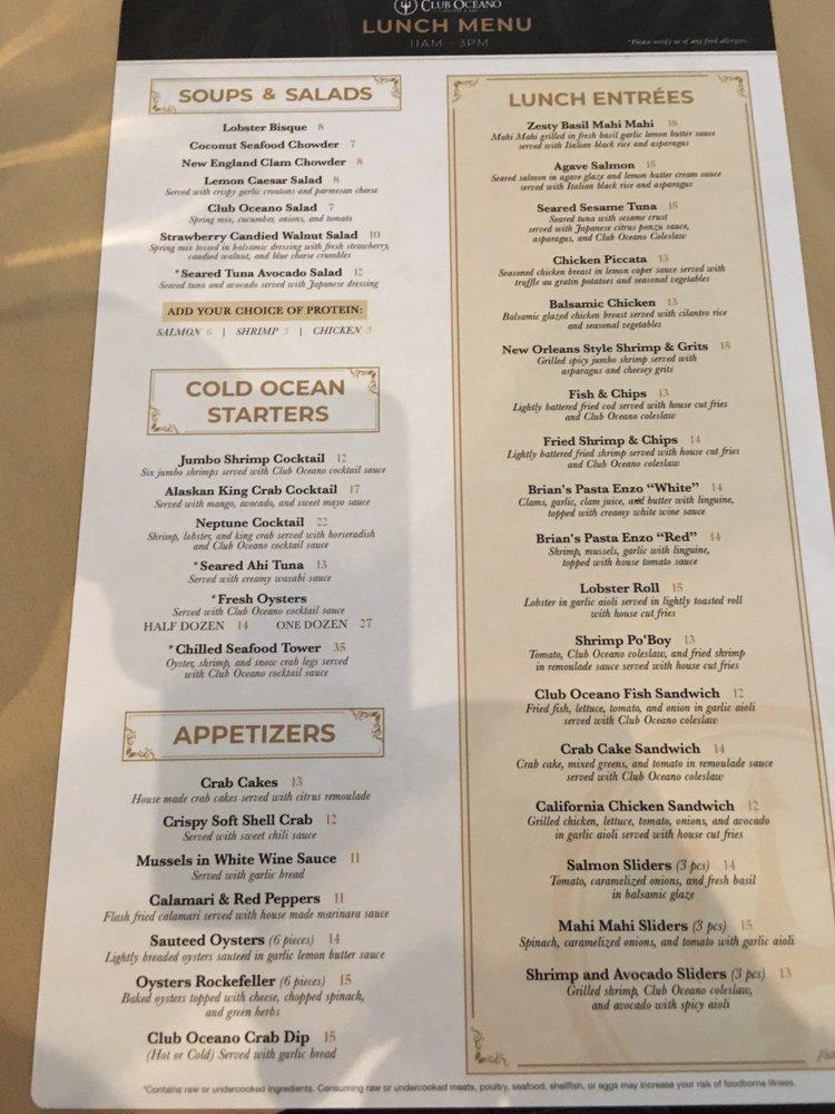 Menu at Club Oceano Seafood & Bar, Beavercreek