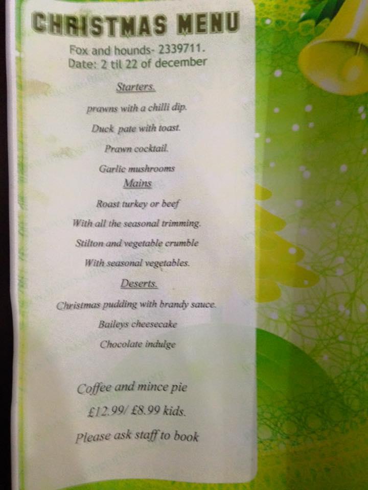Menu at Fox & Hounds pub & bar, Sheffield, 250 Fox Hill Road