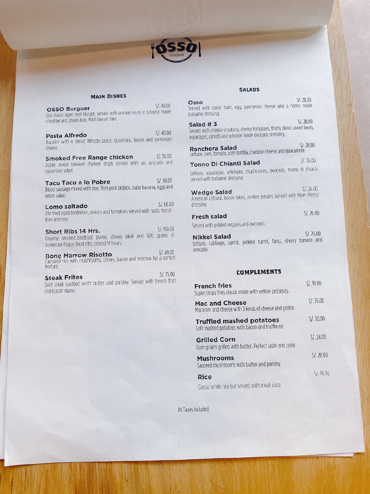 Menu at OSSO San Isidro restaurant, San Isidro