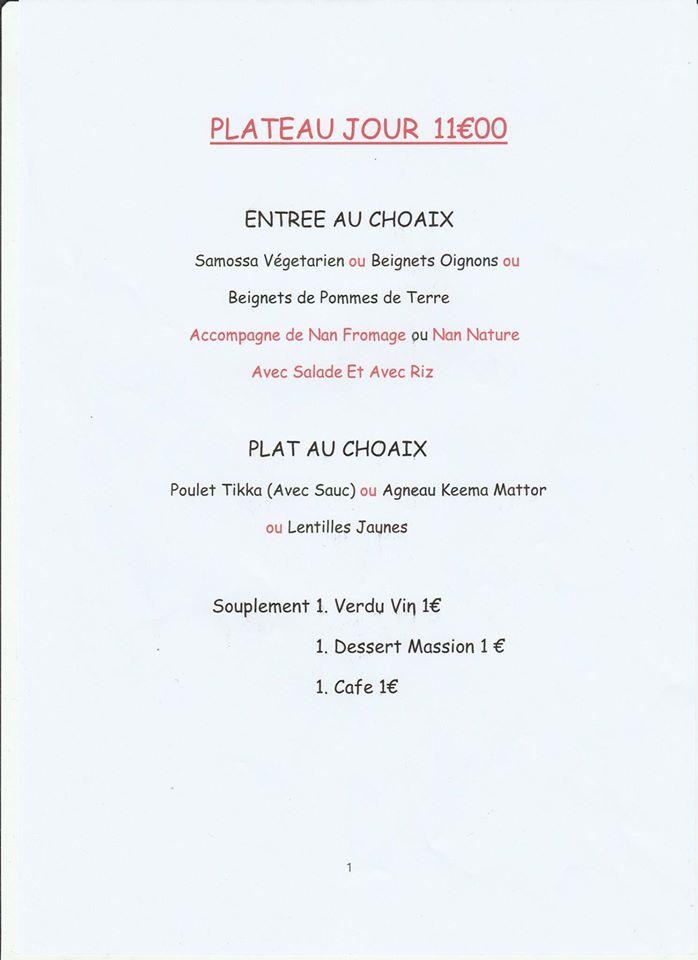 Menu at Royal Raj Mahal restaurant, Paris, 41 Rue Dauphine