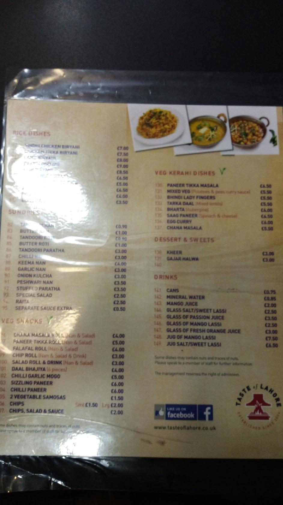 Menu at Taste of Lahore restaurant, Wembley, 417 High Rd